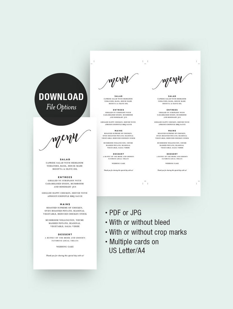 DIY Dinner Menu Card Printable Template, Modern Romantic Script, 5x7, 3 ...