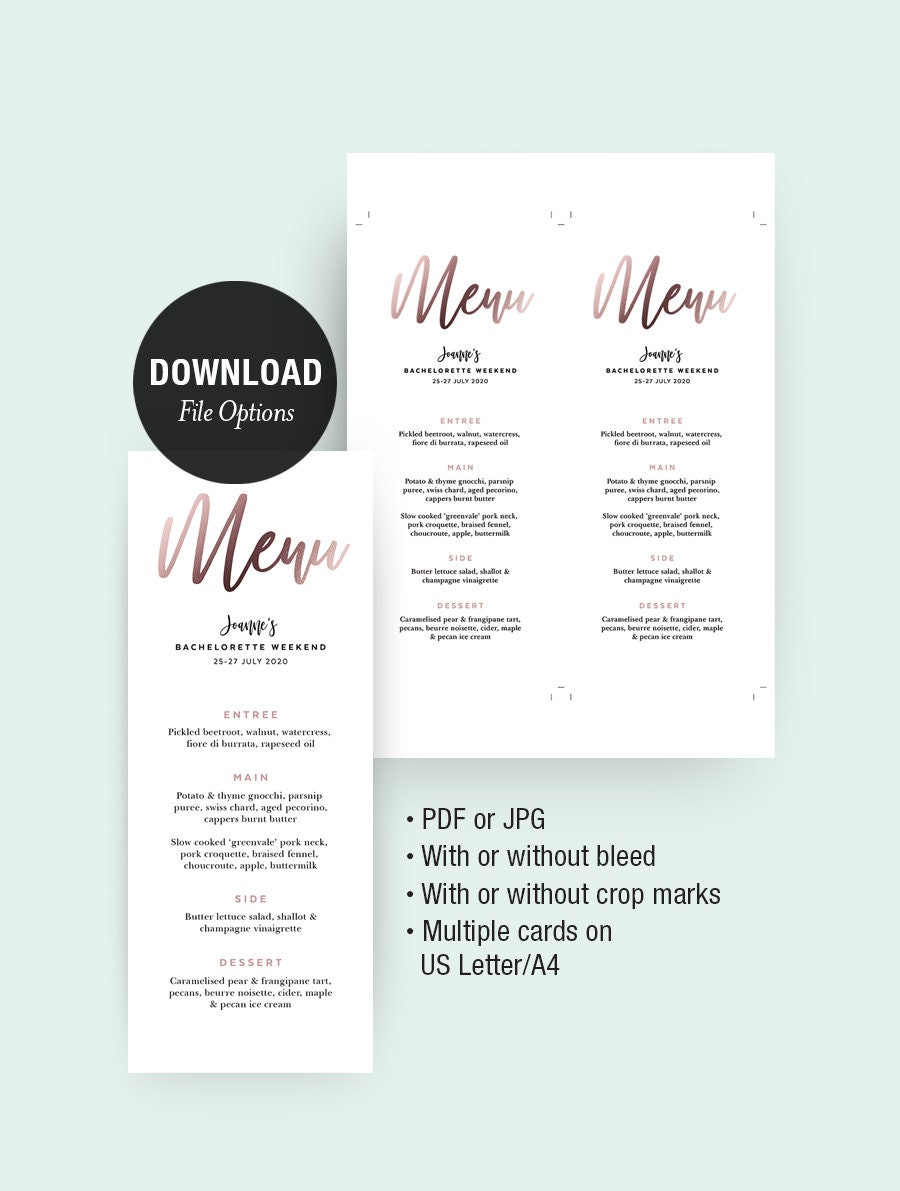 Rose Gold Menu Template, Dinner Card Printable, Long Tea-length, Bridal ...