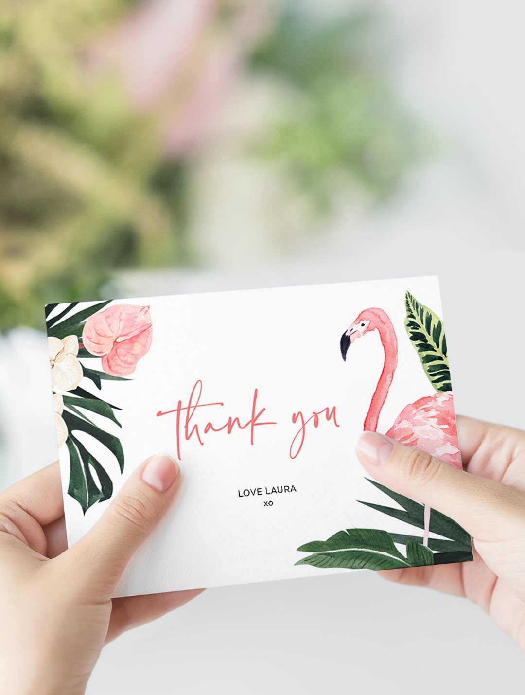 Flamingo Thank You, Flat and Folded Note Card, Tropical, Palms, Let's ...