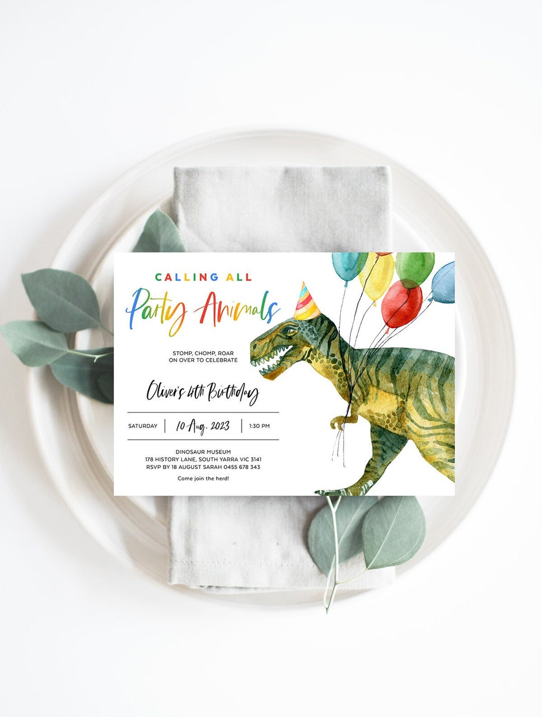 Dinosaur Birthday Invitation, Calling All Party Animals, T-rex ...