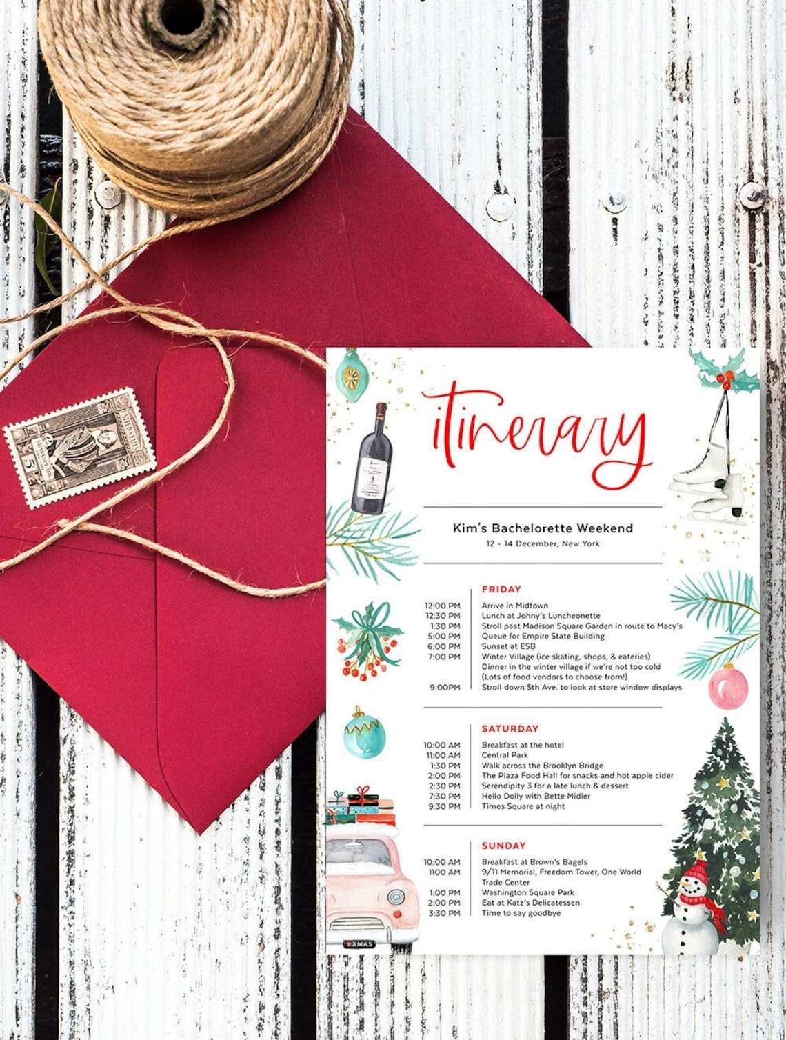 Christmas Itinerary Template Birthday Weekend Bachelorette - Etsy