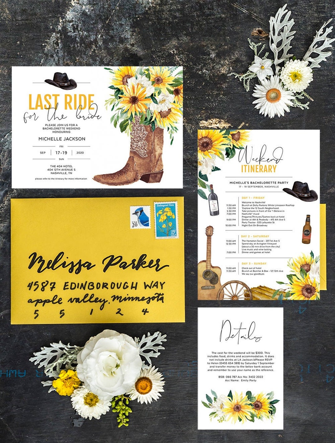 Last Ride for the Bride, Nashville Bachelorette Invitation, Sunflower ...