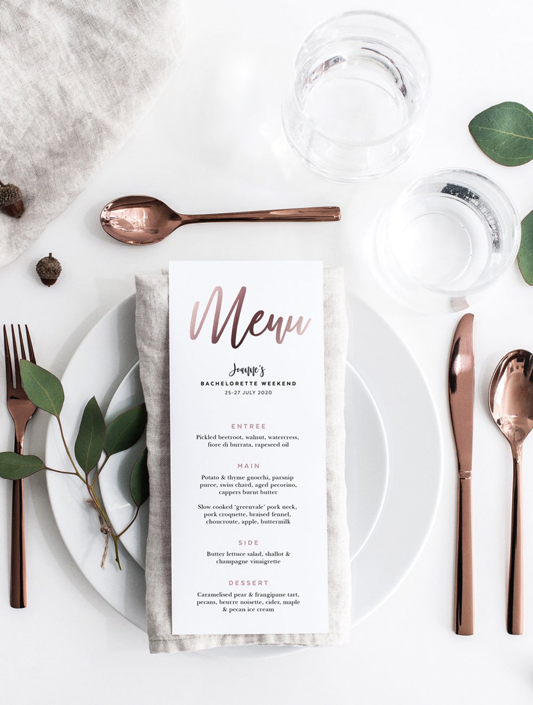 Rose Gold Menu Template, Dinner Card Printable, Long Tea-length, Bridal ...