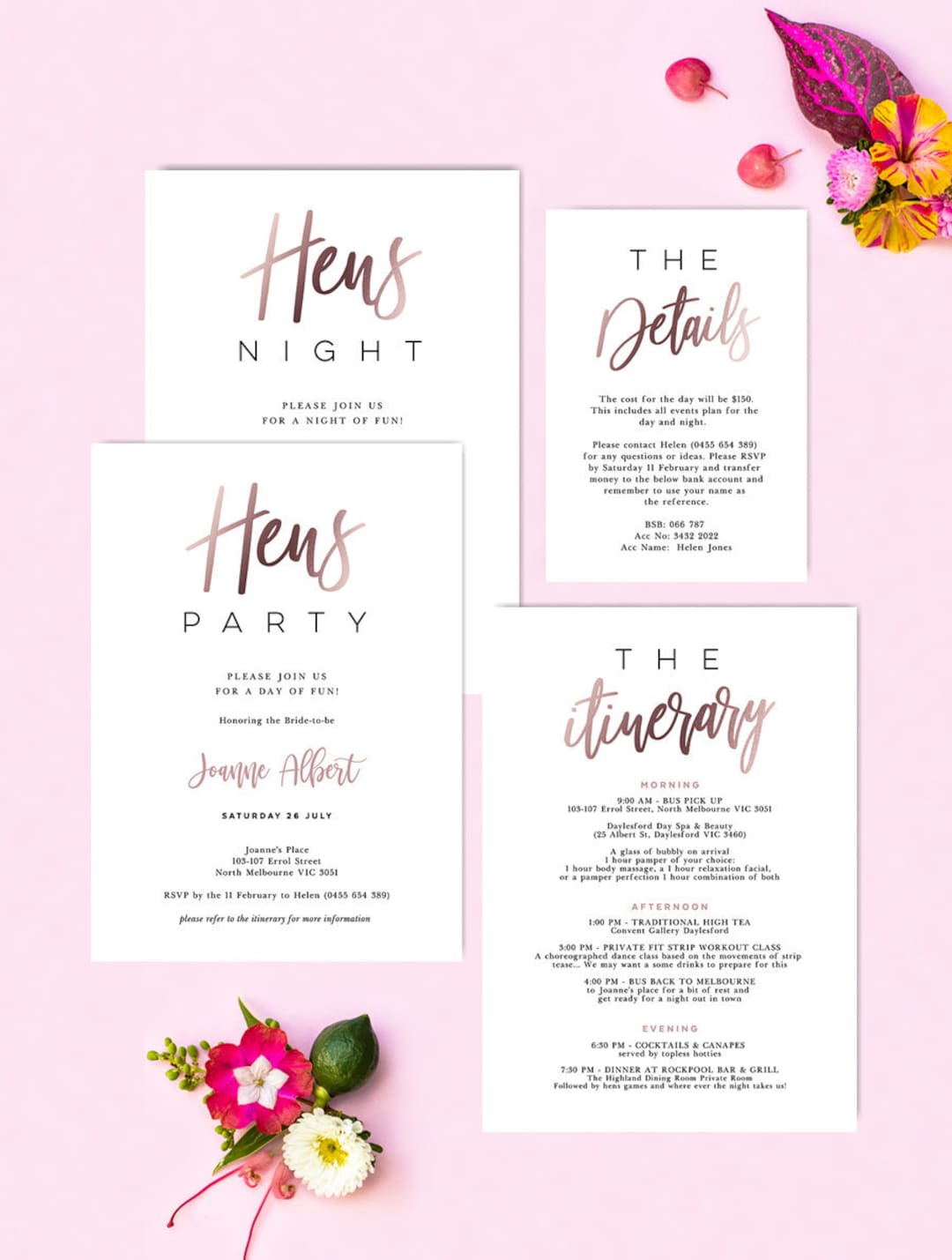 Hens Party Invitation With Itinerary Details Card, Girl's Weekend ...