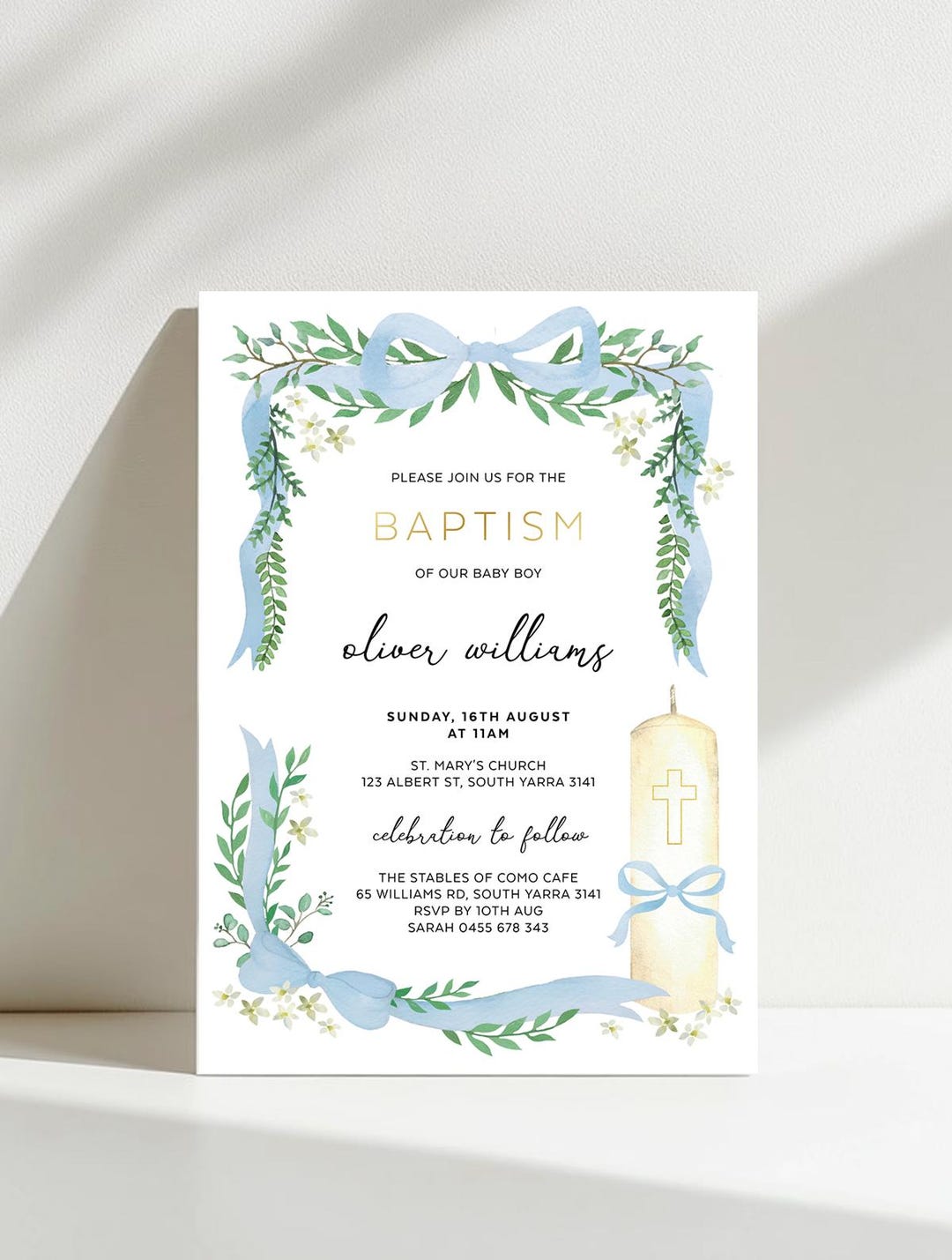 Baptism Invitation, Baby Christening Invite, Boy Baptism, Watercolor ...