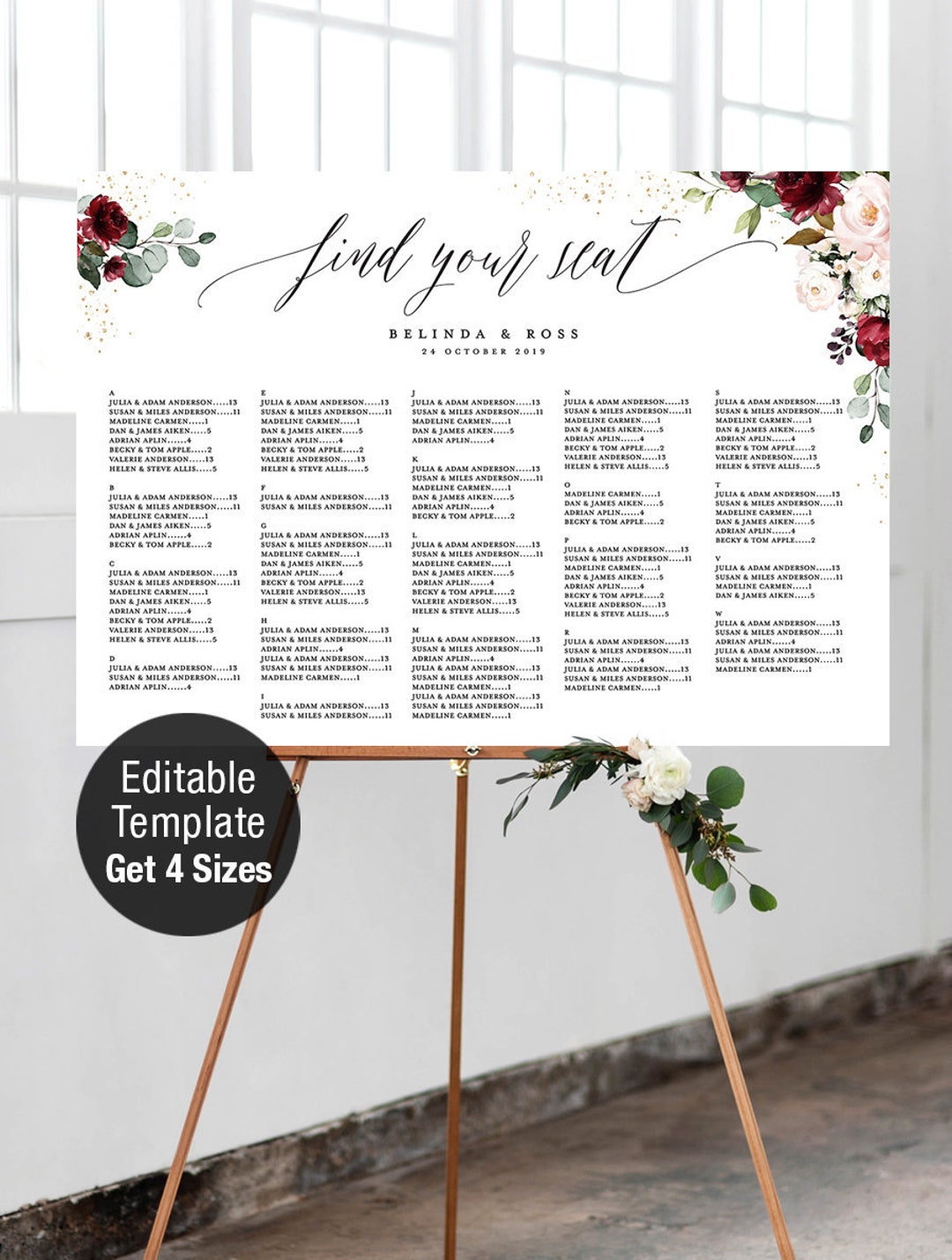 Alphabetical Seating Chart, Seating Plan, 4 Sizes, Wedding Burgundy ...