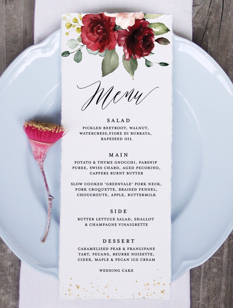 Burgundy Dinner Menu Card With Guest Names on It, Printable Template ...