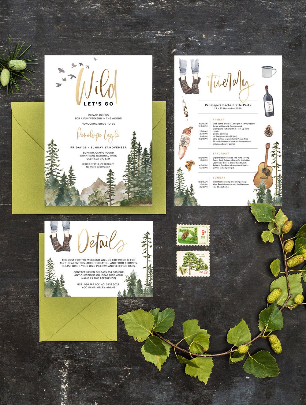 Let's Go Wild Hens Party Invitation, Itinerary & Details Card, Glamping ...