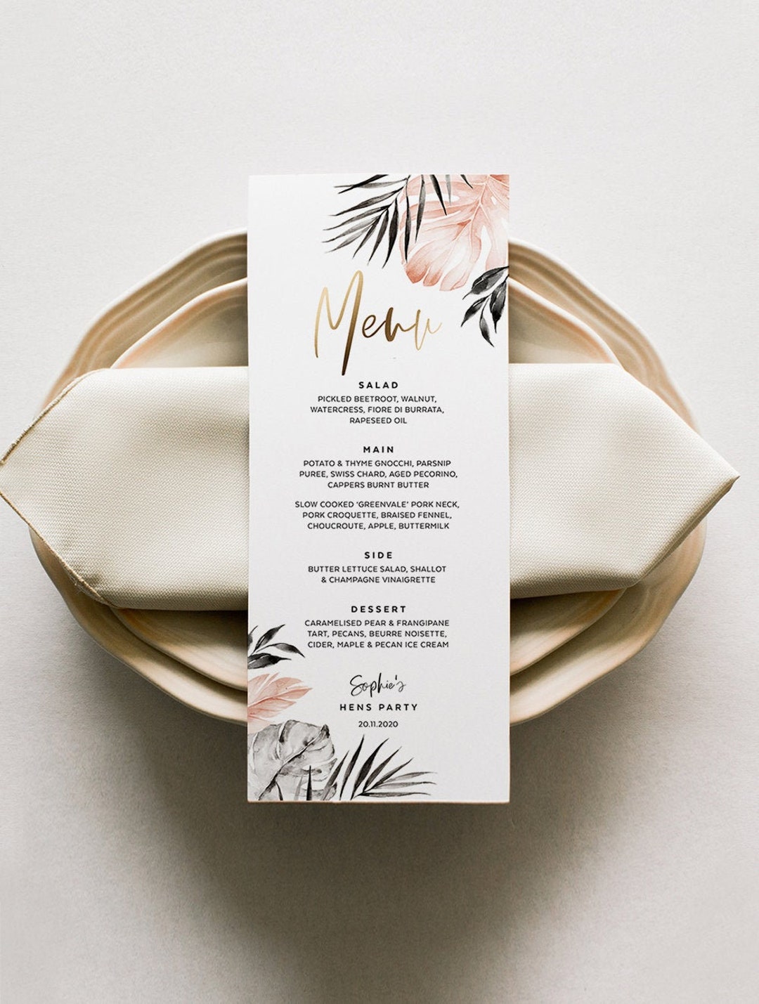 Dinner Menu Card Template, 3.75x9 Long, Modern Tropical, Blush Palm ...