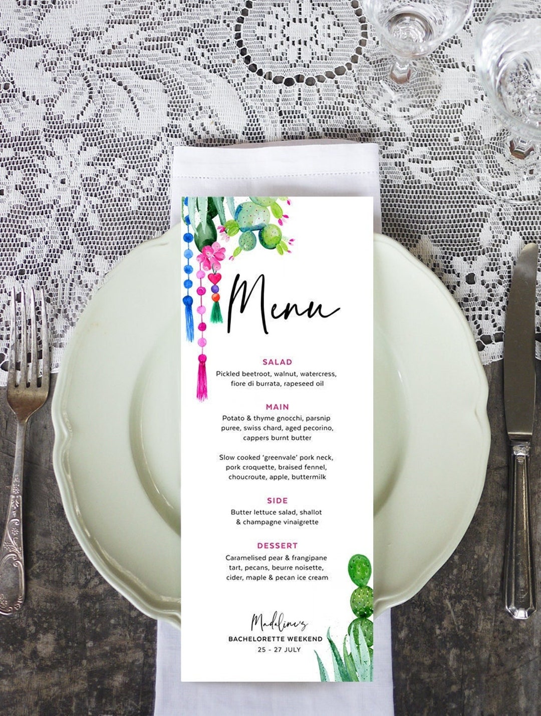 Dinner Menu Template, Party Plate Decor, Final Fiesta, Cactus, Desert ...