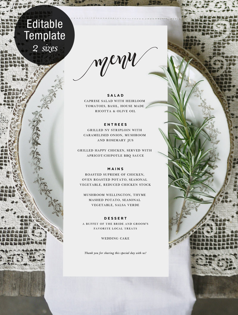 DIY Dinner Menu Card Printable Template Modern Romantic | Etsy