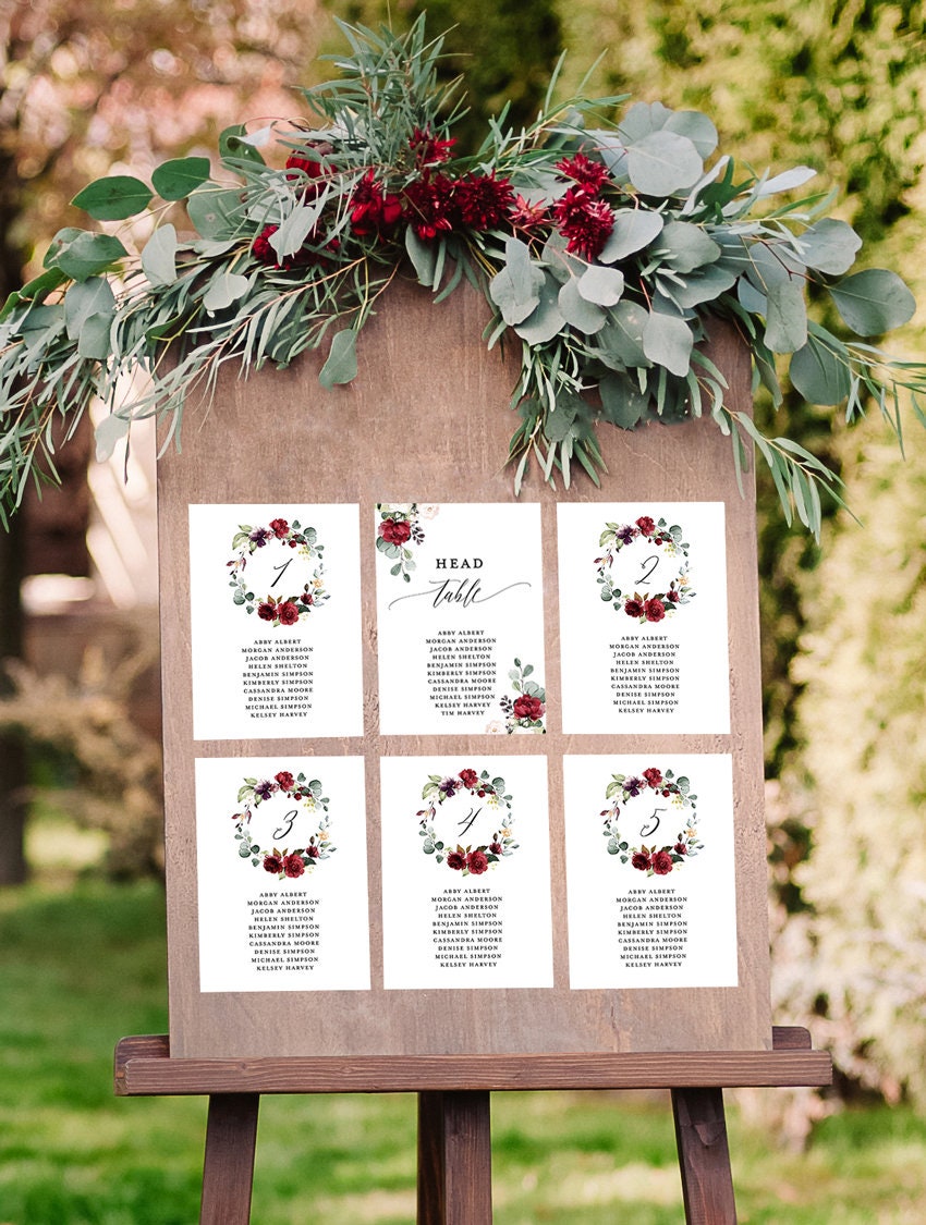 Seating Chart Simple Table Plan Card Burgundy Floral | Etsy