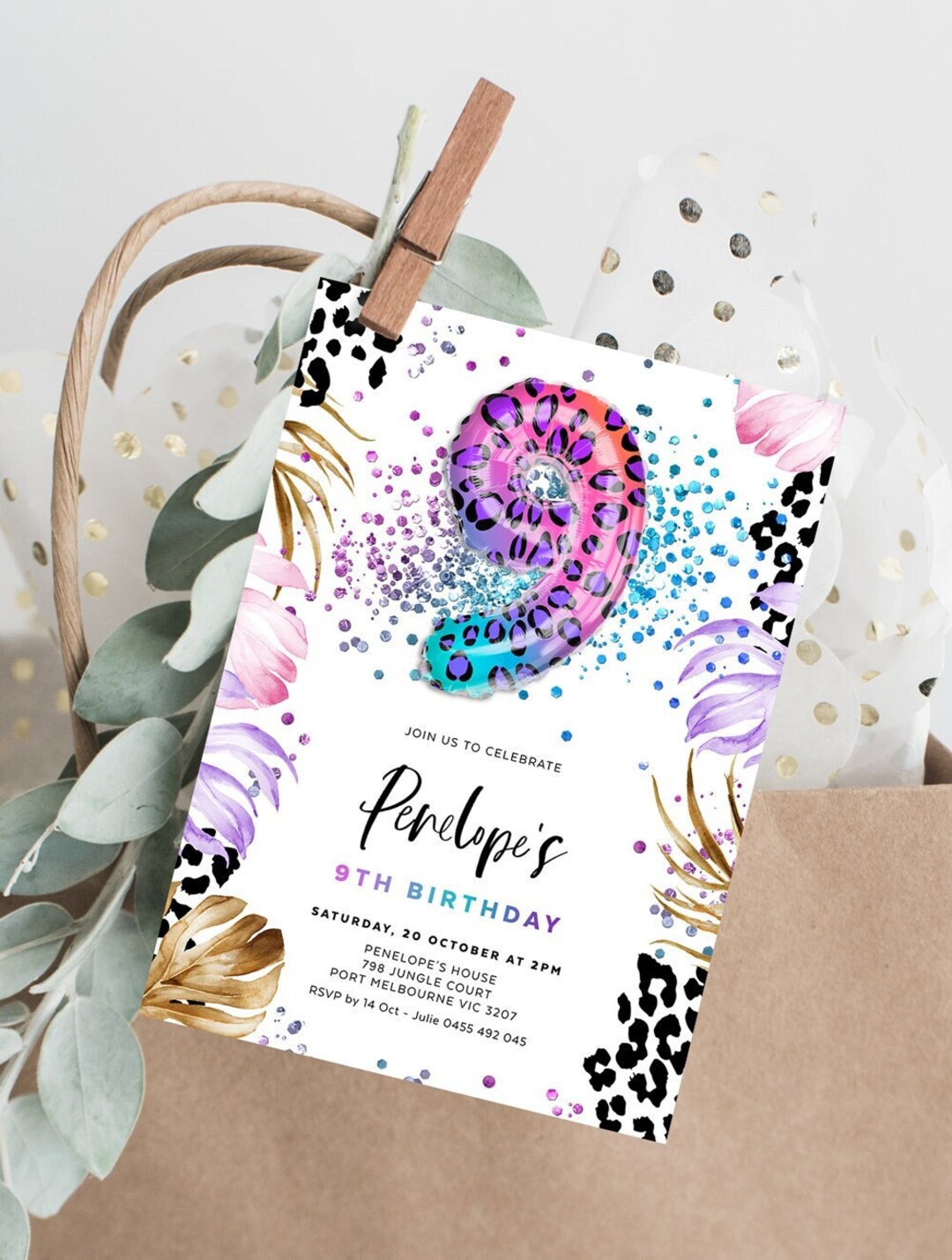 9th Birthday Invitation, Leopard Party, Jungle Birthday, Glitter ...