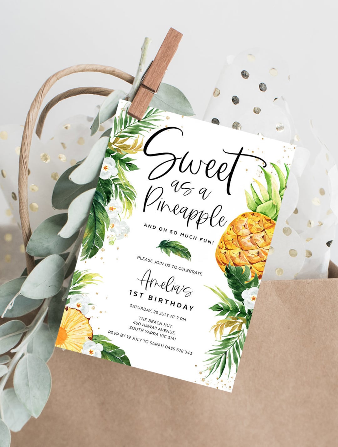 Pineapple Birthday Invitation, Boy, Girl, Tropical, Palm Leaf, Aloha ...