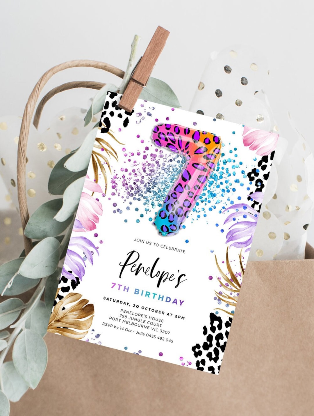 7th Birthday Invitation, Leopard Print, Jungle, Safari, Glitter ...