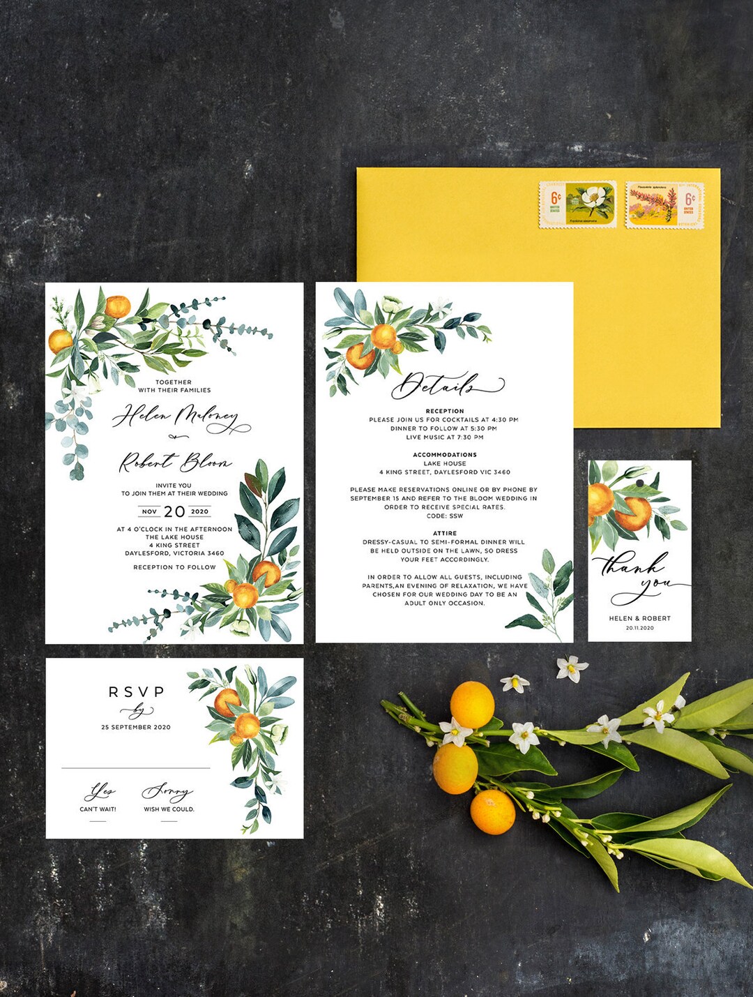 Citrus Wedding Invitation Template Download, Fruit and Flowers Invite ...