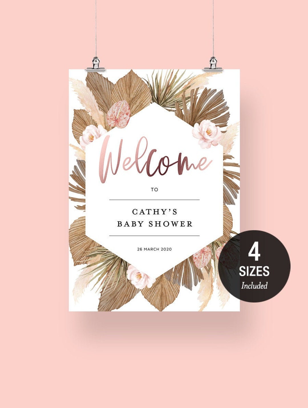 Welcome Sign, Rustic Palm Leaf, Dried Pampas Grass, Blush Flower, Boho ...