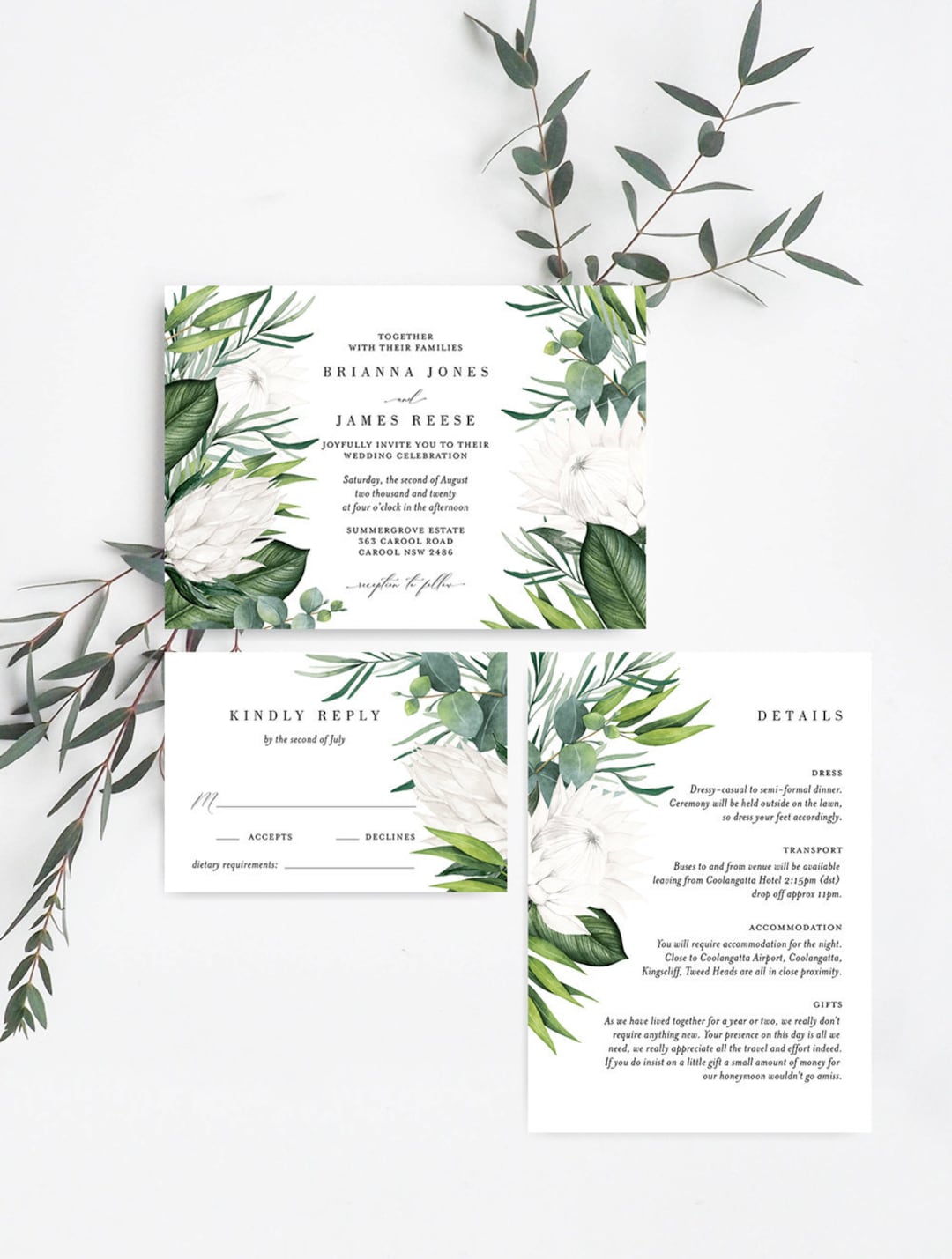 Australia Wedding Invitation Set Template Download, King Protea, White ...