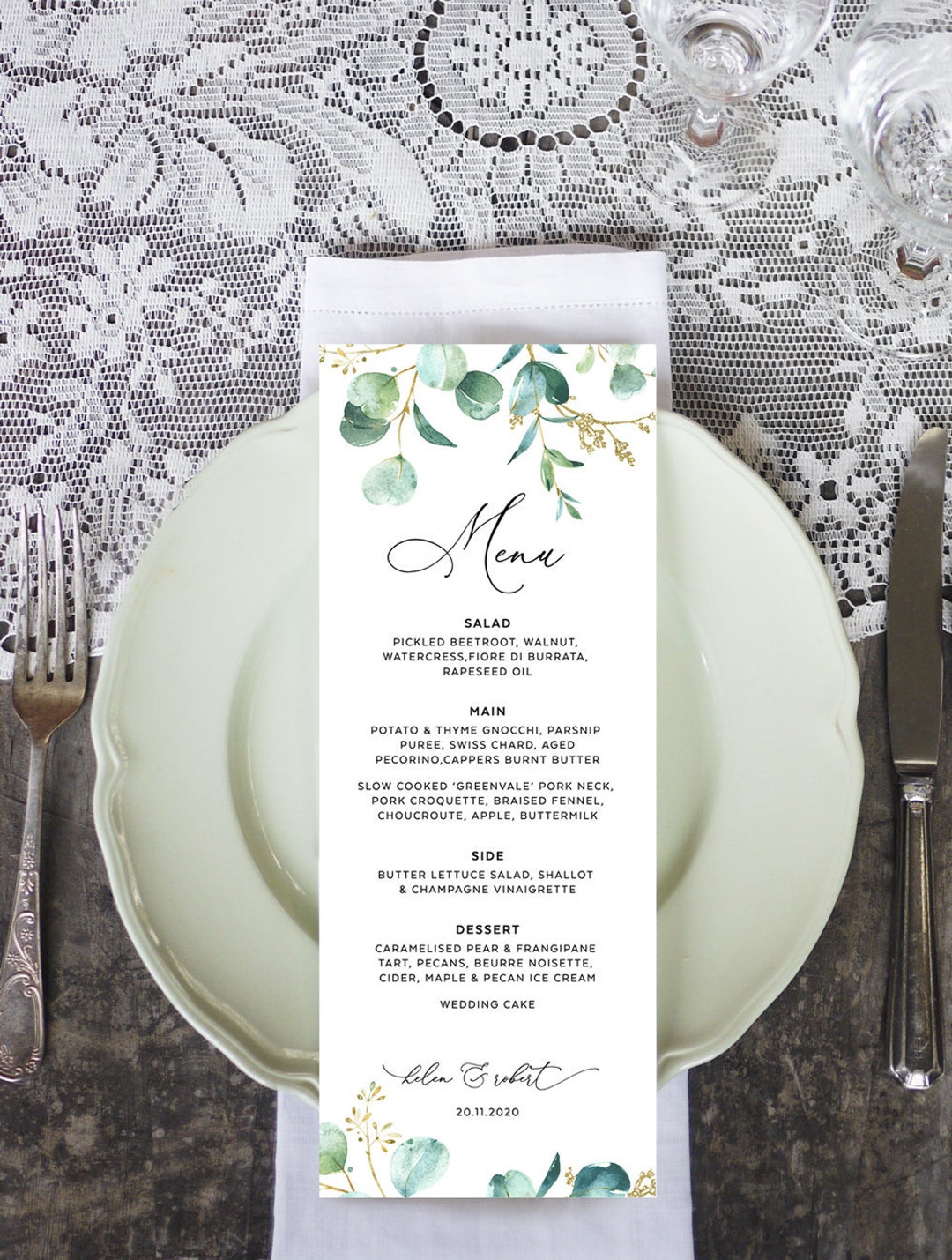 DIY Dinner Menu Card Printable Template, Greenery Eucalyptus, Modern ...