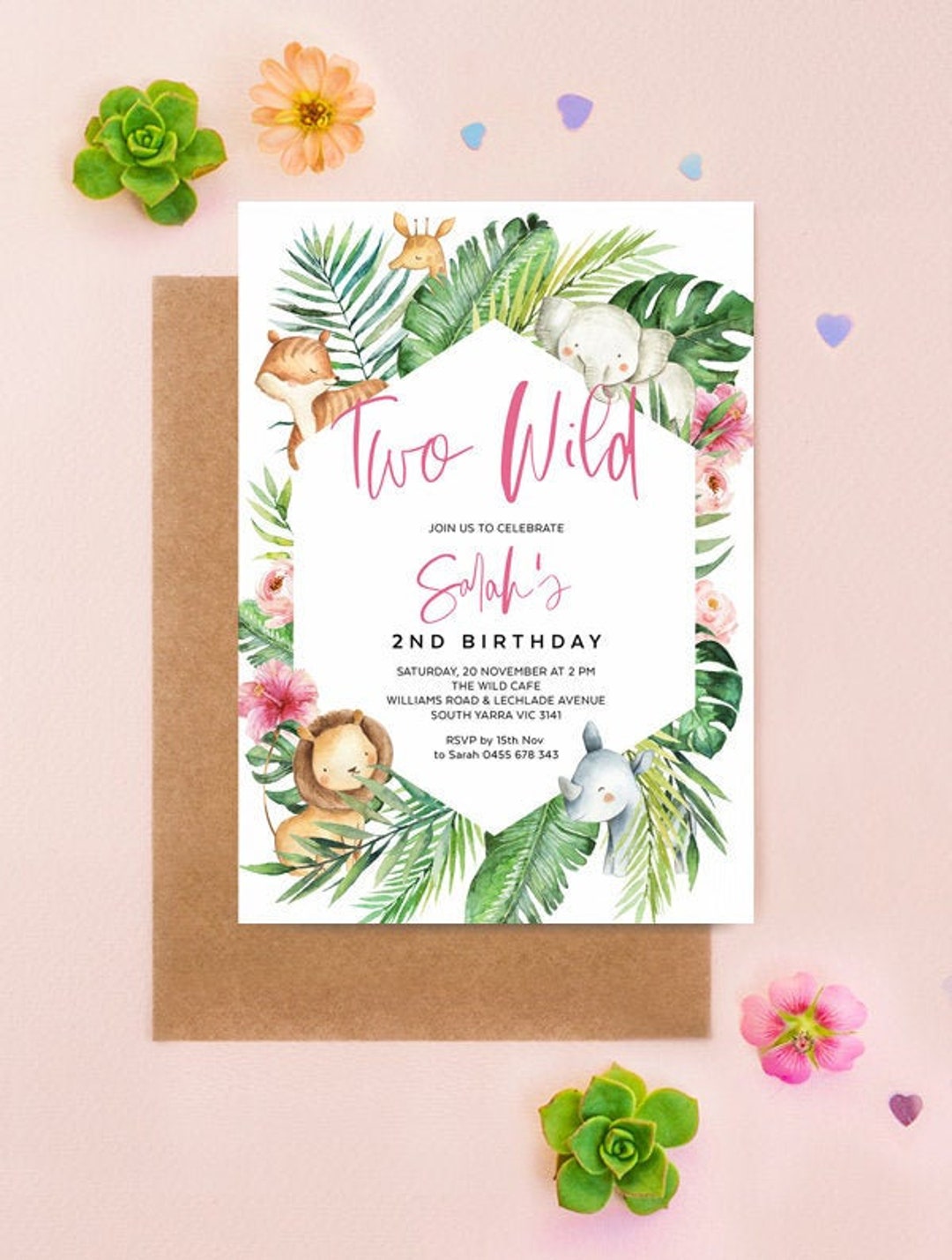 Two Wild Birthday Invitation, Jungle Safari Animals Theme, Zoo Party ...