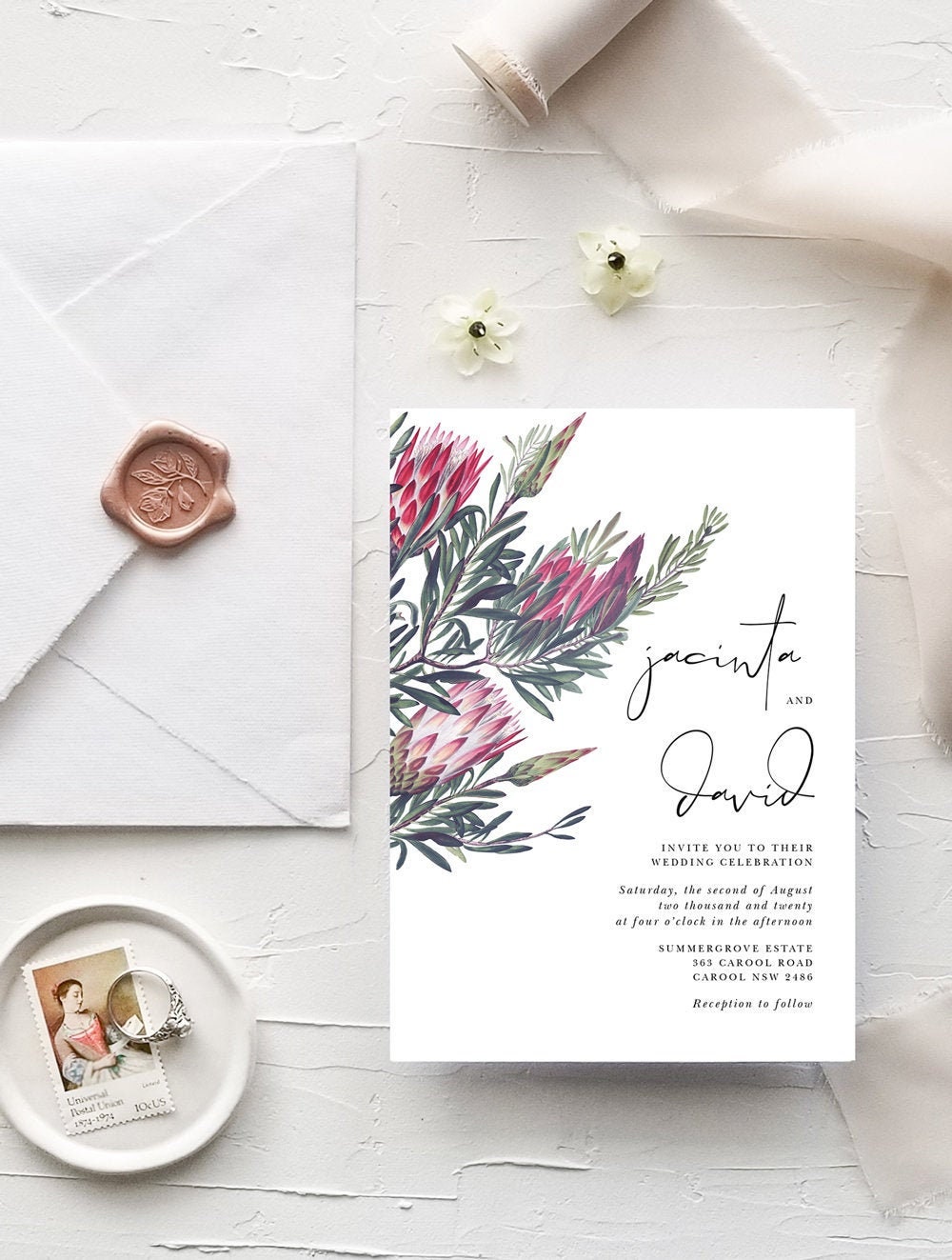 King Protea Wedding Invitation, Burgundy Australian Native Flower ...