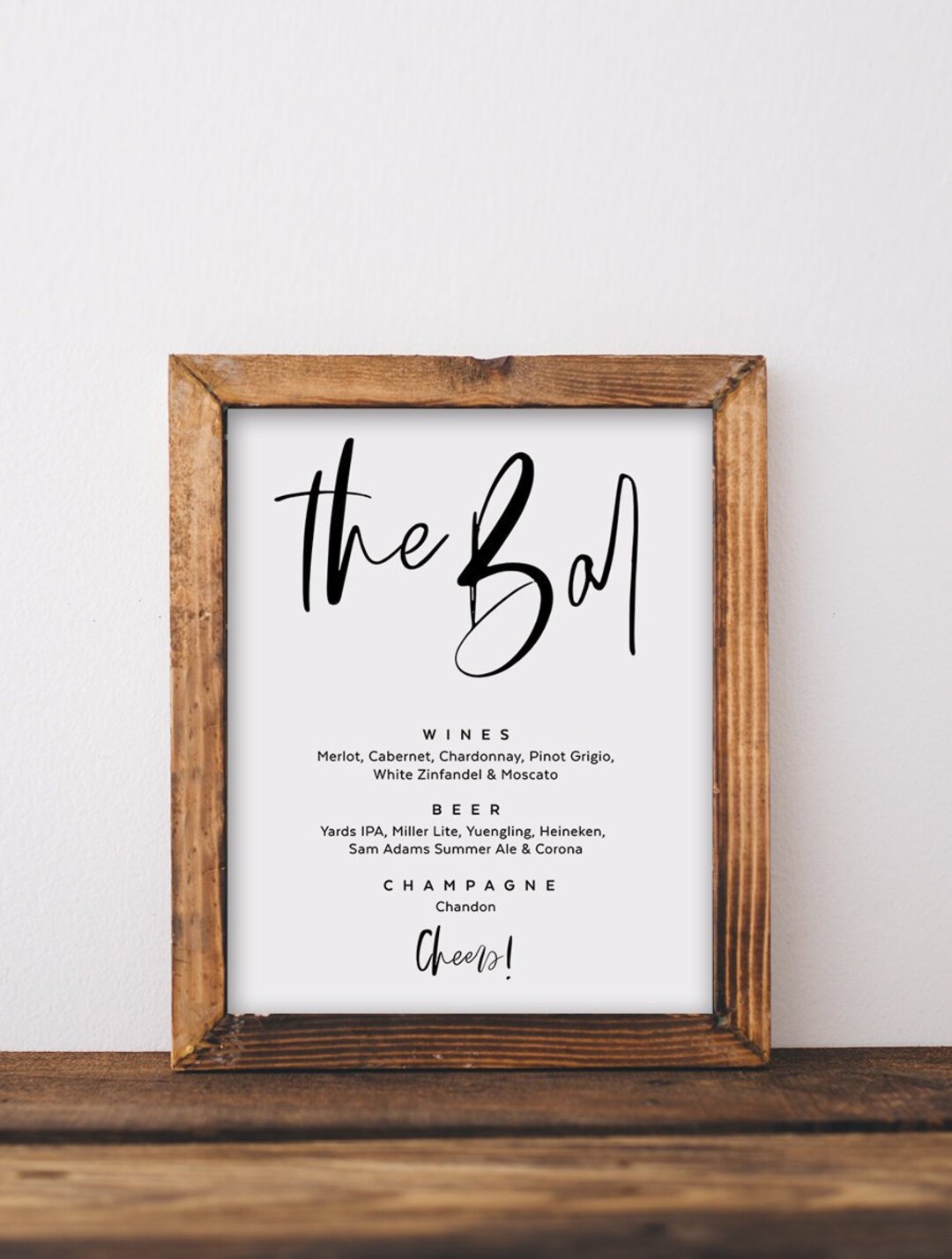 The Bar Drinks Menu Sign, Modern Script, Black & White, Party Decor ...