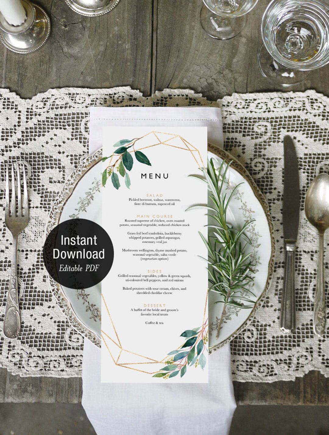 Greenery Dinner Menu Card Printable, 3.75x9.25", Geometric, Eucalyptus ...