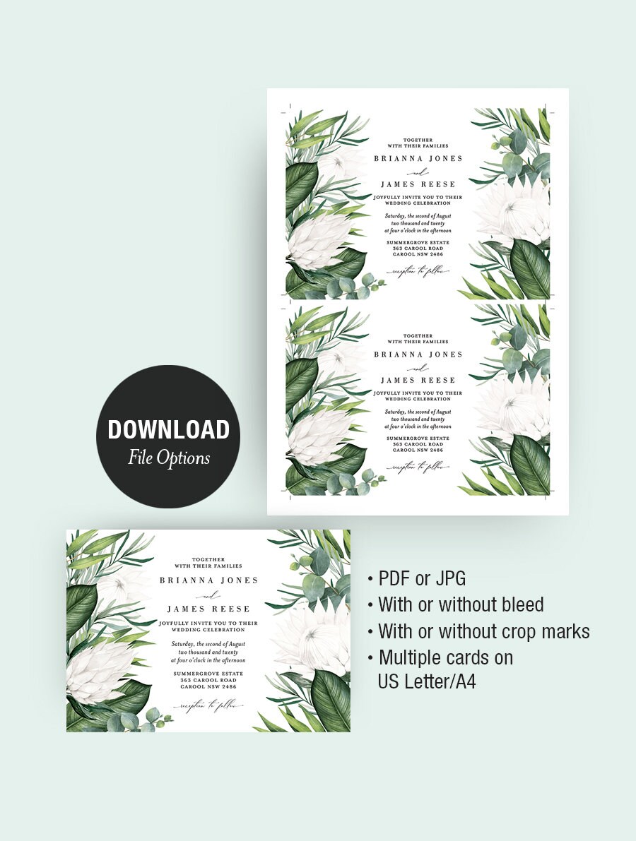 Australia Wedding Invitation Set Template Download, King Protea, White ...