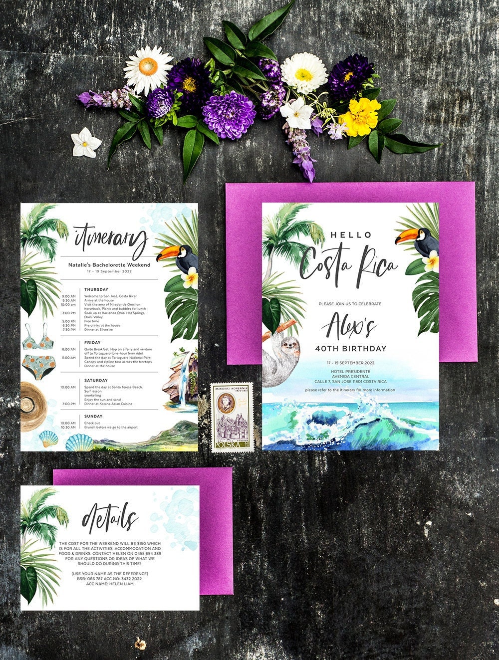Costa Rica Birthday Invitation, Itinerary Template, Beach, Tropical ...