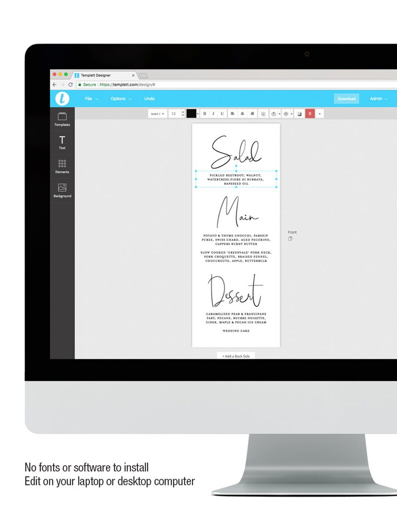 Wedding Menu Printable Dinner Card Template Long Tea-length - Etsy
