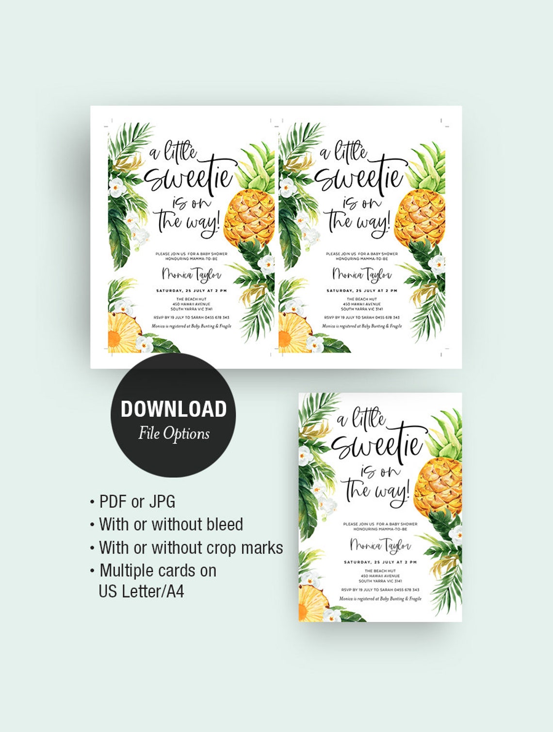 Sweet as A Pineapple Baby Shower Invitation, Tropical, Palm Leaf, Aloha ...