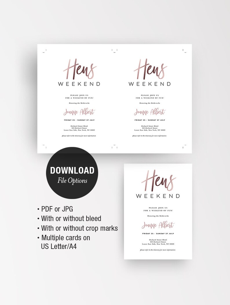 Rose Gold Hens Weekend Invitation Printable, Itinerary Template ...