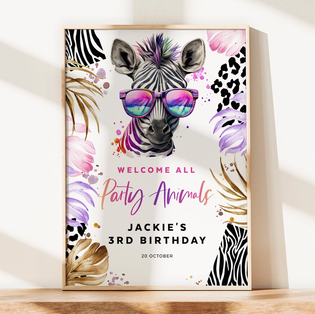 Welcome Sign, Zebra Poster, Party Animal Birthday Signage, Jungle Leaf ...