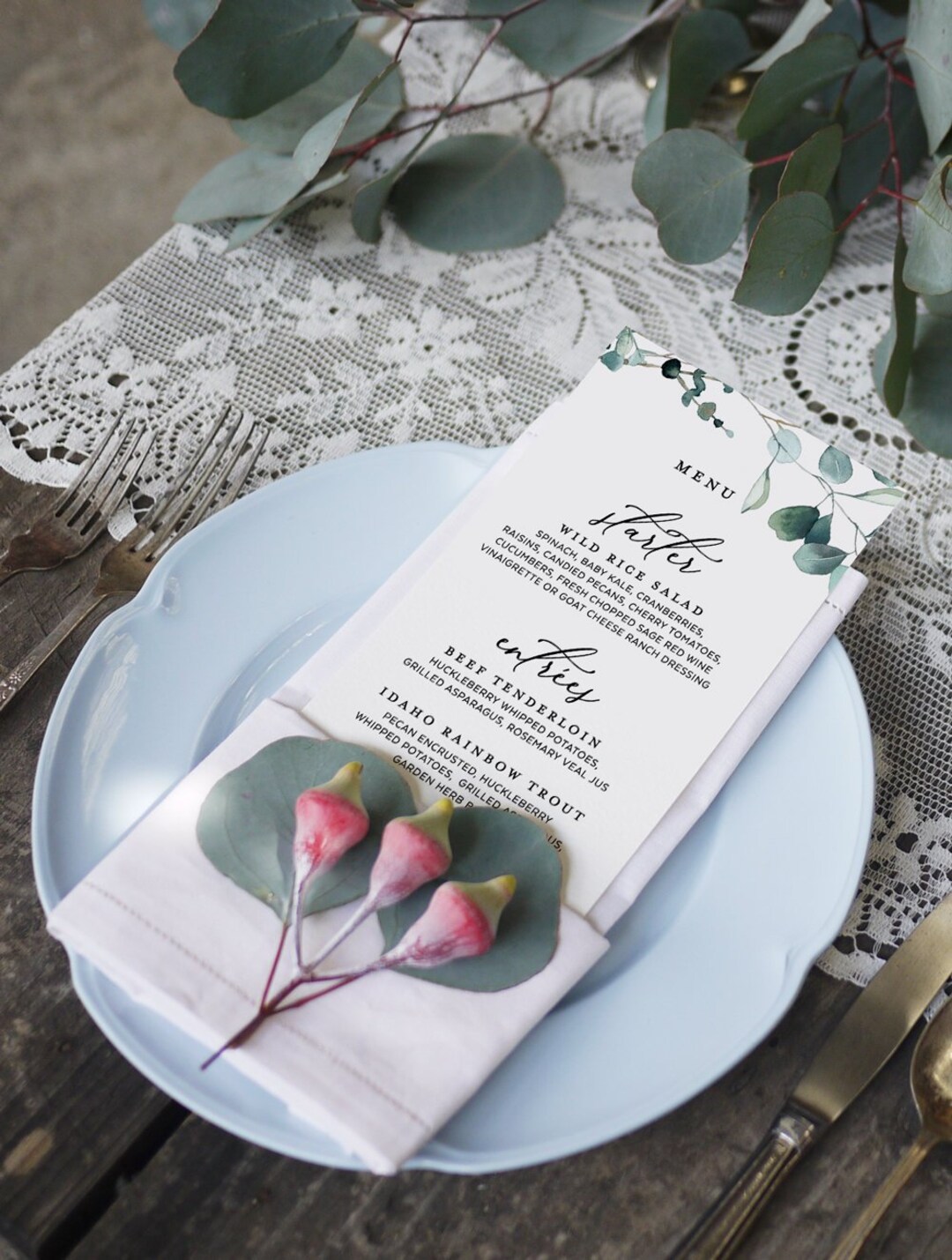 Dinner Menu Card Template, Guest Name, Eucalyptus Greenery, Bohemian, 3 ...