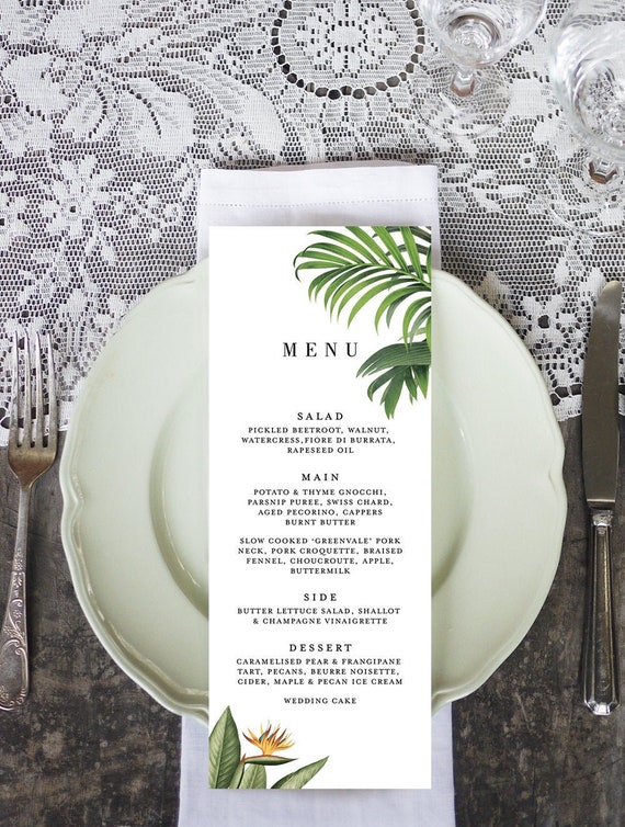 Tropical Dinner Menu Template 3.75x9 Long Length Botanical | Etsy