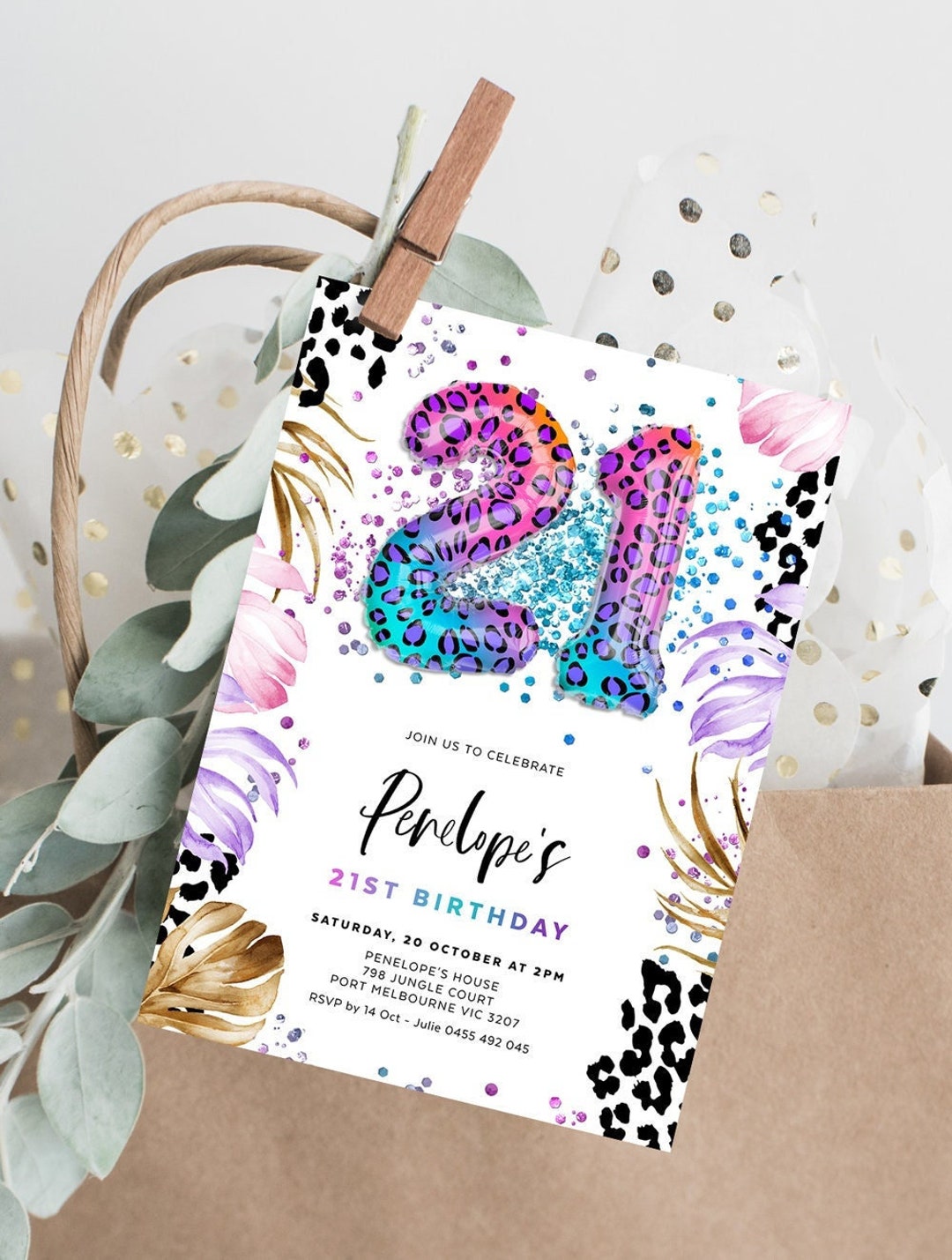 21st Birthday Invitation, Leopard Print, Jungle, Safari, Glitter ...