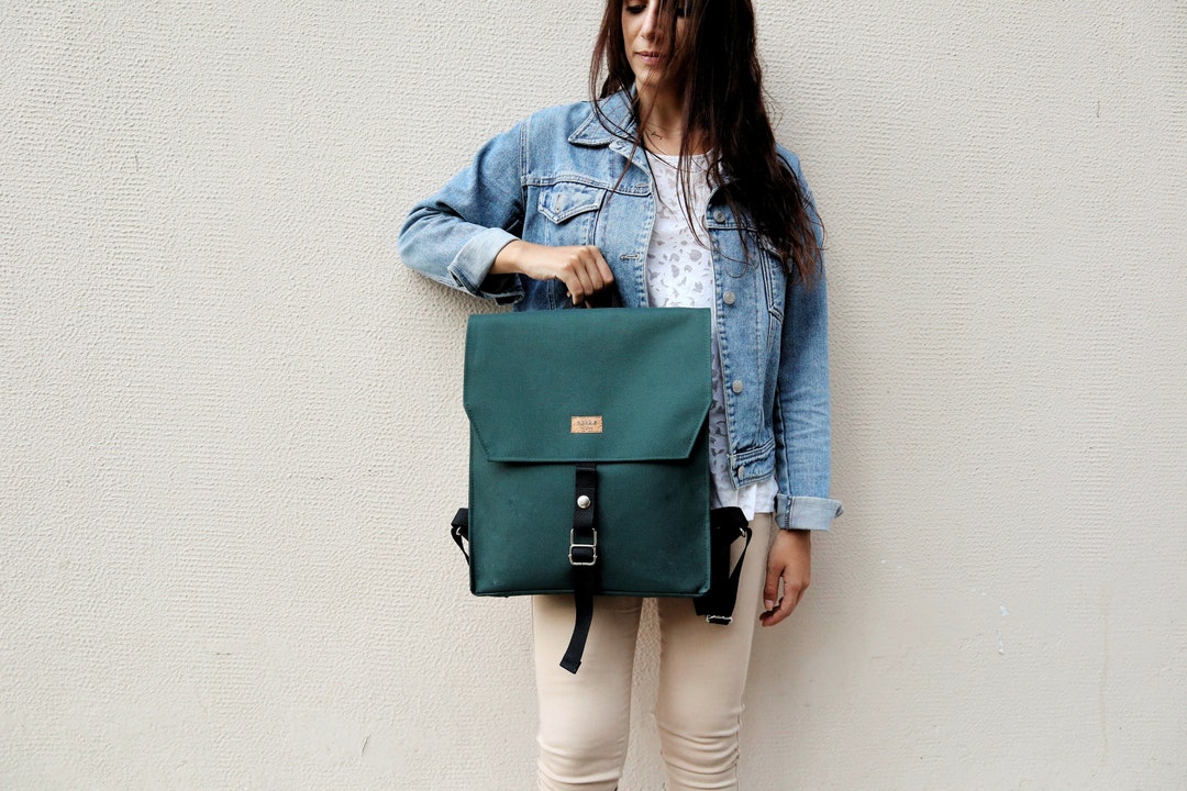 Emerald Green Vegan Backpack,forest Green Water Resistant Flap Knapsack ...