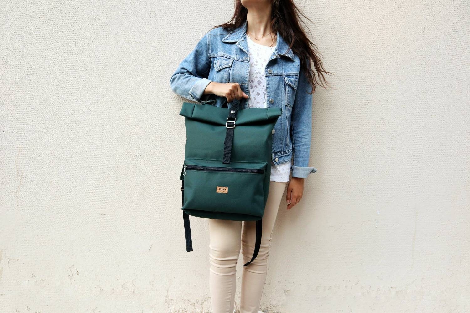 Emerald Green Roll Top Backpack, Forest Green Bag With Zipper Pocket ...