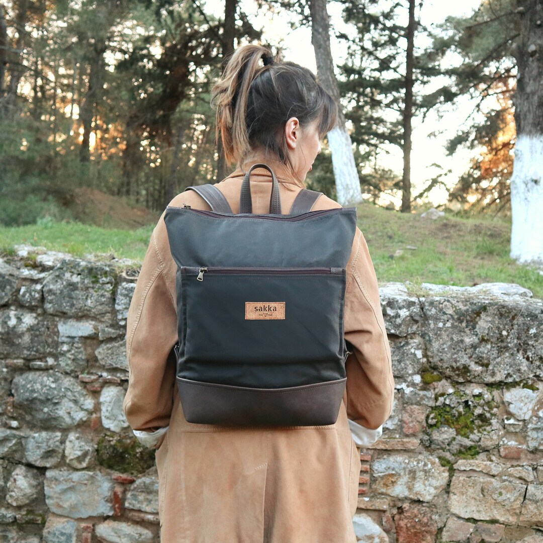 Vegan Waxed Canvas Backpack/brown Vegan Leather Backpack/business ...