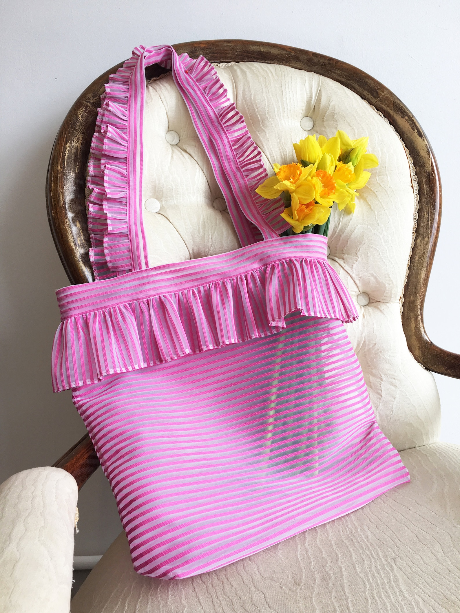 Pink Transparent Organza Ruffle Frill Tote Bag With Ruffle Handles ...