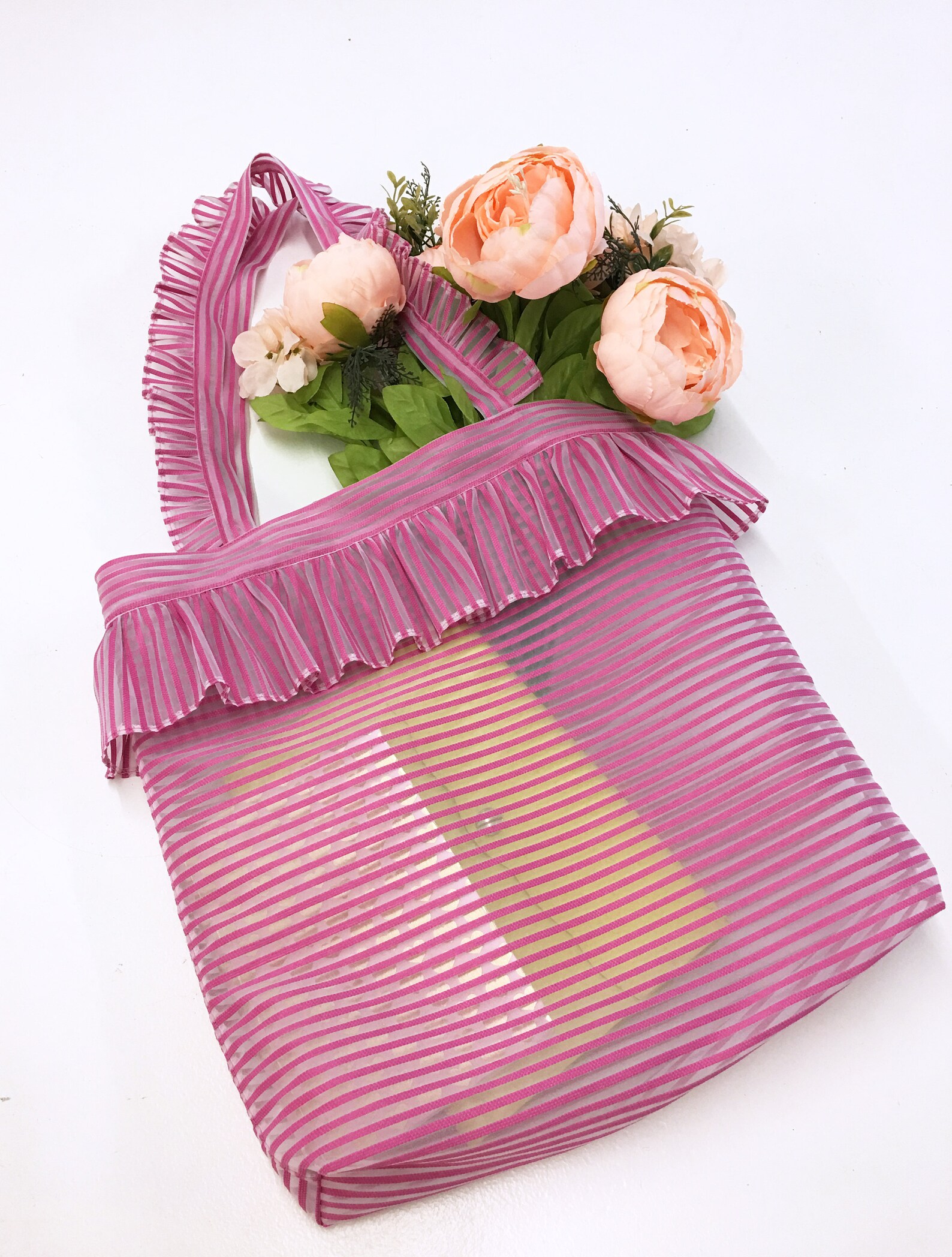 Pink Transparent Organza Ruffle Frill Tote Bag With Ruffle Handles ...