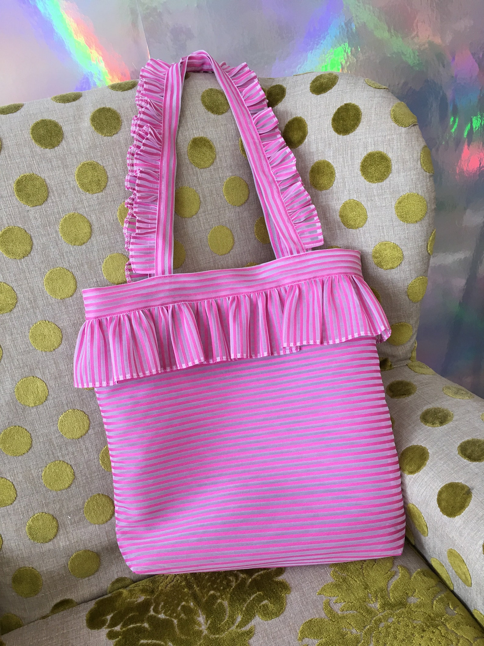 Pink Transparent Organza Ruffle Frill Tote Bag With Ruffle Handles ...