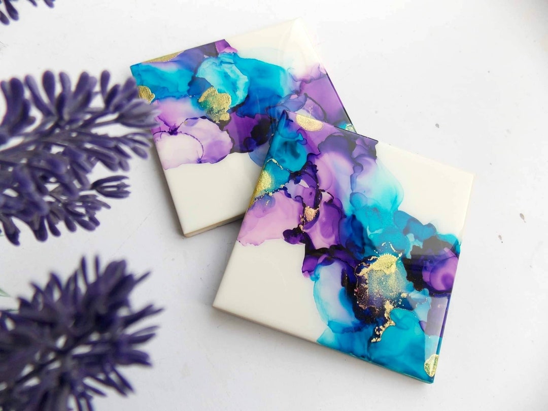 Hand Painted Purple Coaster Pair, Purple Blue and Gold Coasters, Deluxe ...