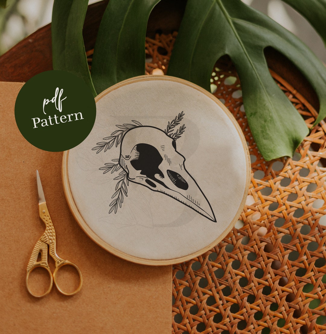 Digital PDF Pattern - Botanical Crow Skull Hand Embroidery / Broiderie ...