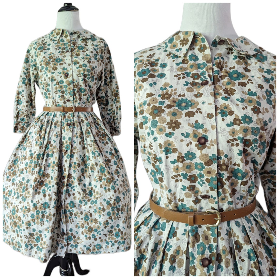 Vintage 50s/60s Beige Floral Cotton Dress/ Vtg 60s Shirt Dress- Size ...
