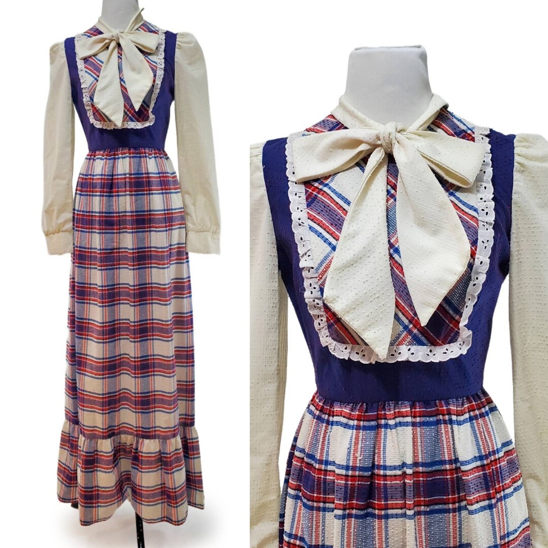 Vintage 1970's Plaid Prairie Cottagecore Dress Pussy Bow - Vtg 70s ...