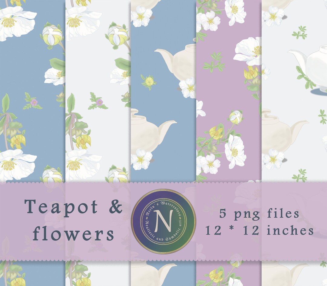 Digital Paper Pack - Tea Pot and Flowers| Seamless, Tileable Patterns ...