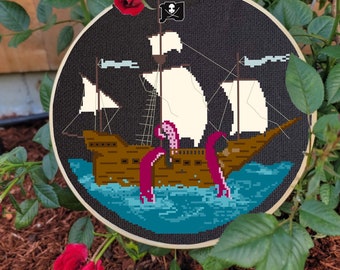 Kraken Cross Stitch Pattern, Pirate Ship Cross Stitch Pattern, Nautical ...