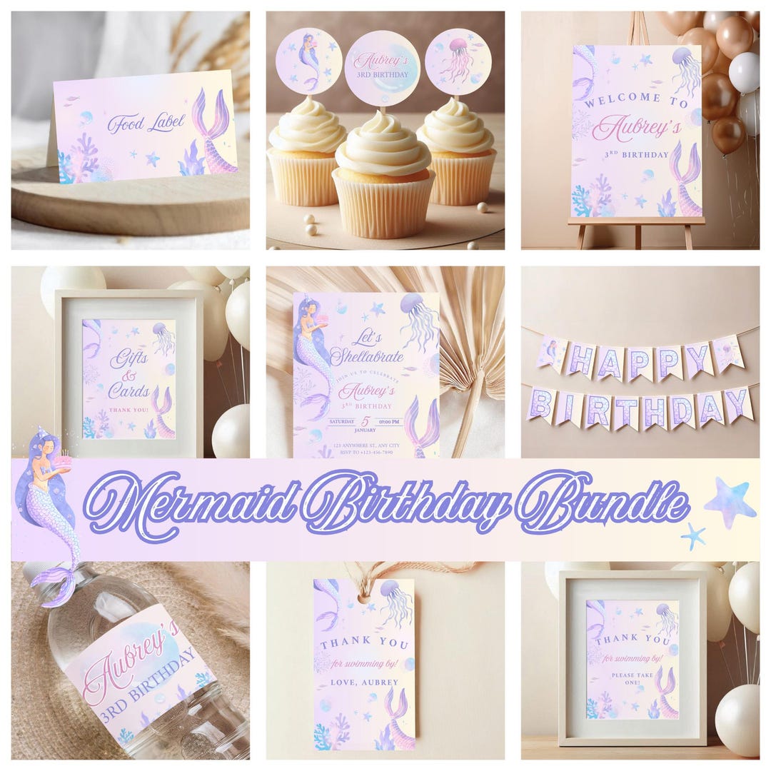 Mermaid Birthday Party Template Bundle Editable Under the Sea Birthday ...