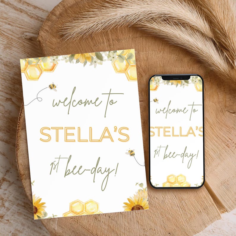 First Bee Day Welcome Sign Template | Editable Bee Birthday Sign | 1st ...